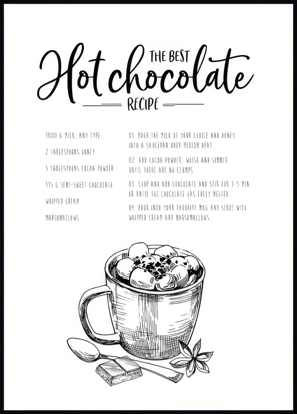 Warme Chocolademelk Recept Poster | Zwart-wit Tekening van Warme ...