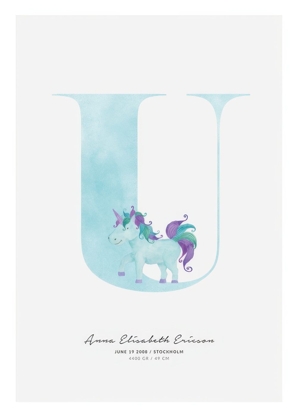 Barn Bokstav U Personlig Poster med enhörning | Poster Store SE