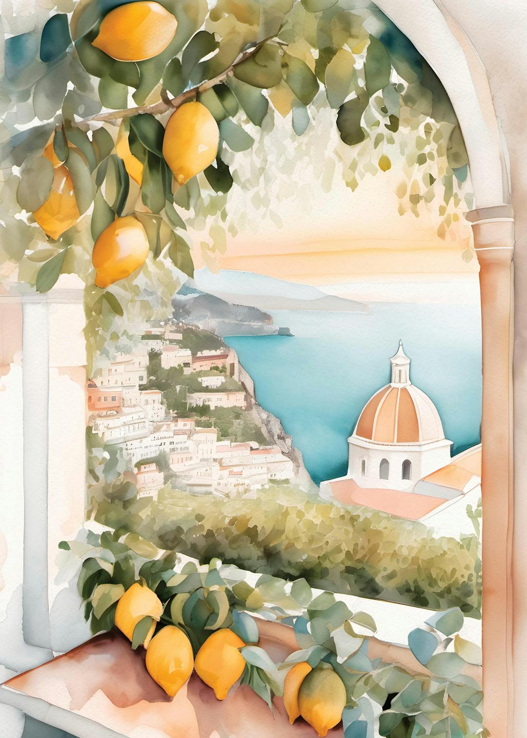 Positano Lemon Poster with Kitchen Illustration | Poster Store UK