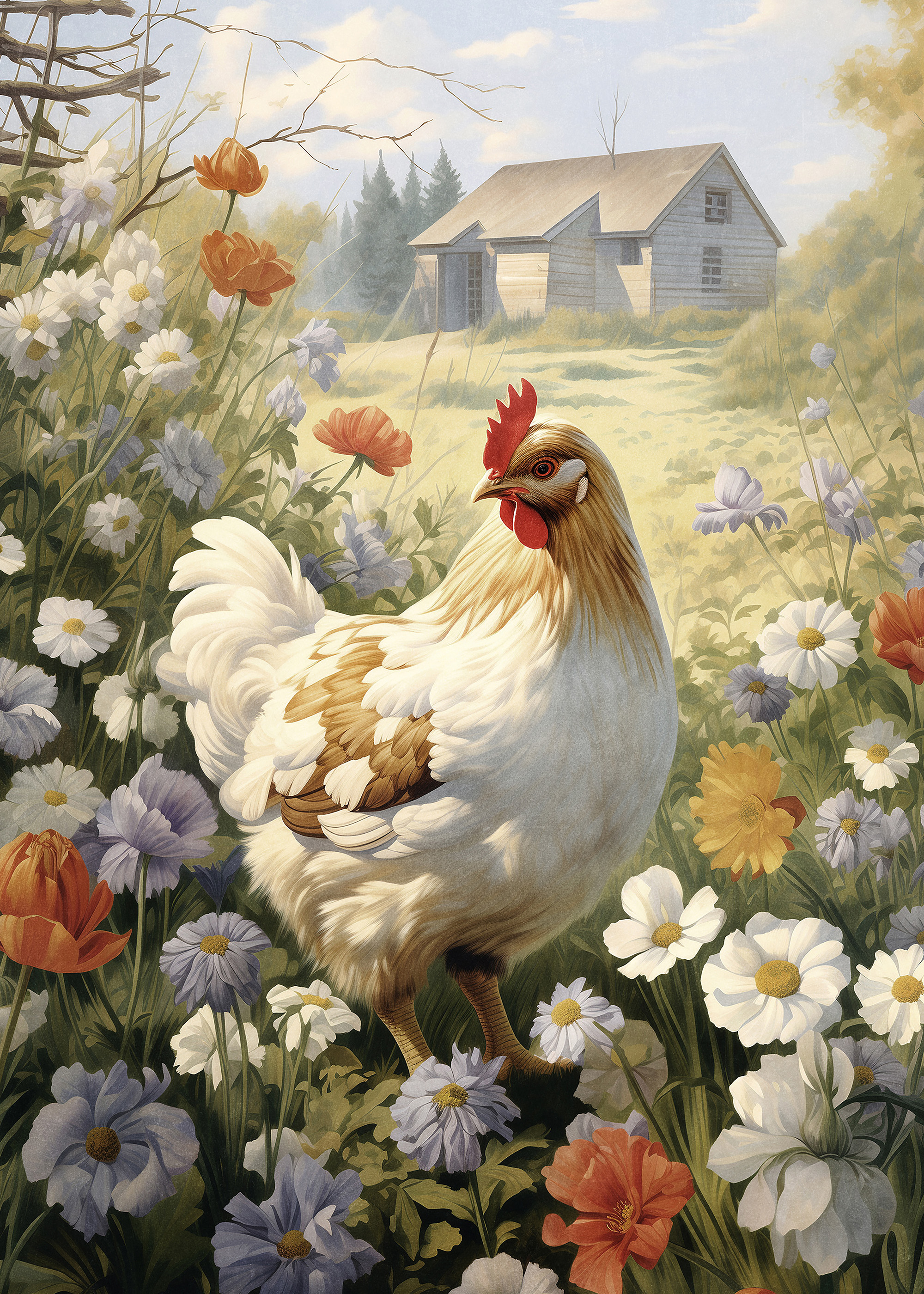 Country Farm Hen and Wildflowers Poster | Poster Store NZ